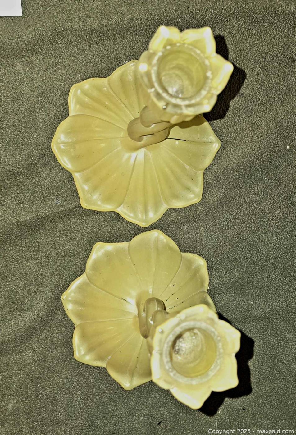 Pair Vintage 9" Frosted Yellow Tulip Glass Candlesticks | Maxsold
