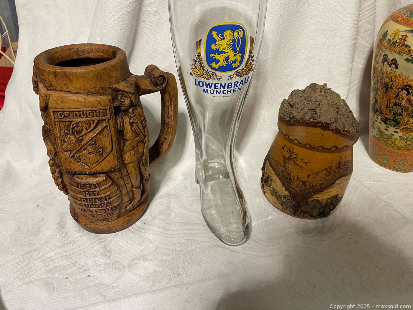 German glass beer boot & 2 wood steins | Maxsold