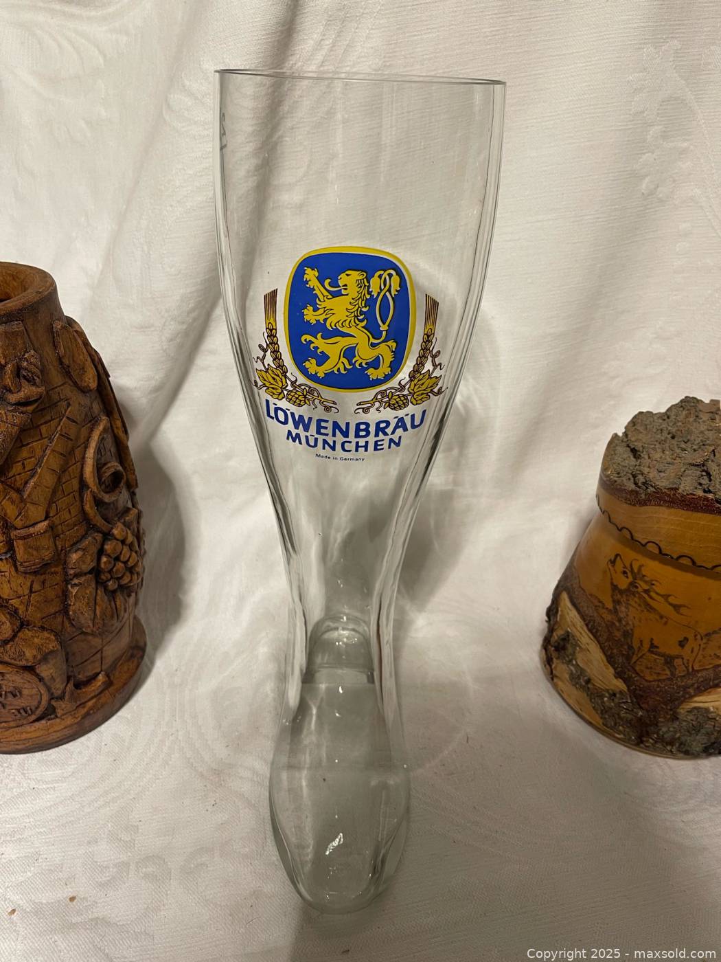 German glass beer boot & 2 wood steins | Maxsold
