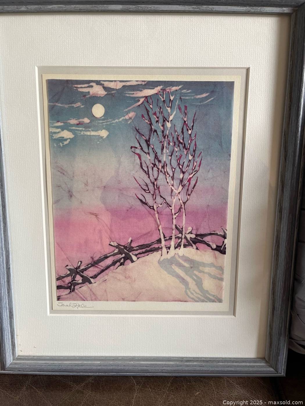 Signed Sarah Hale framed batik art with two decorative pillows | Maxsold