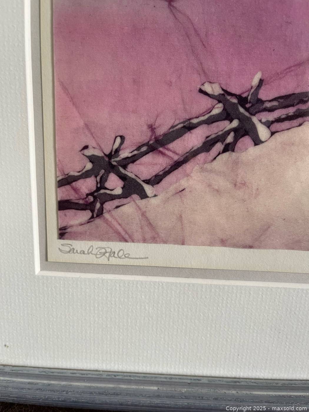 Signed Sarah Hale framed batik art with two decorative pillows | Maxsold