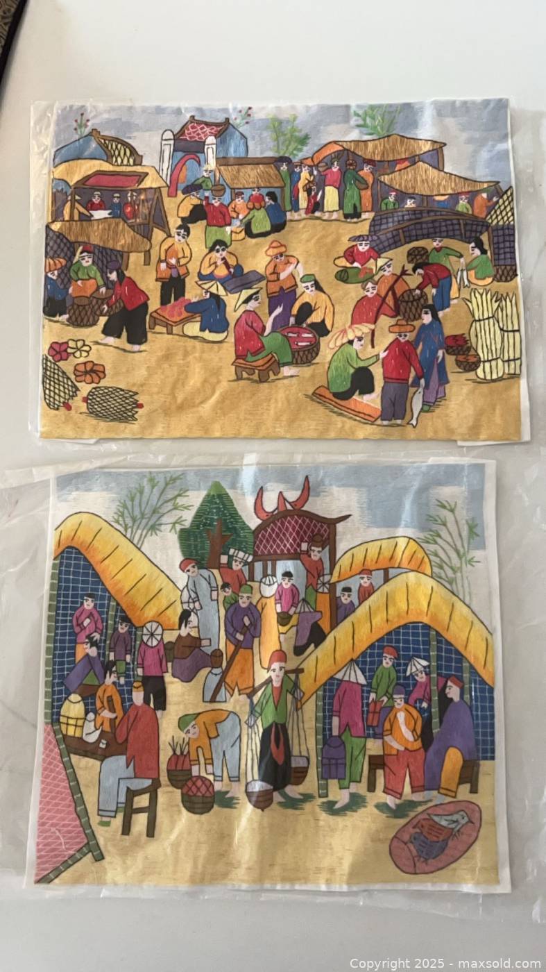 Pair of Unframed Southeast Asian Embroidered Village Market Scenes ...