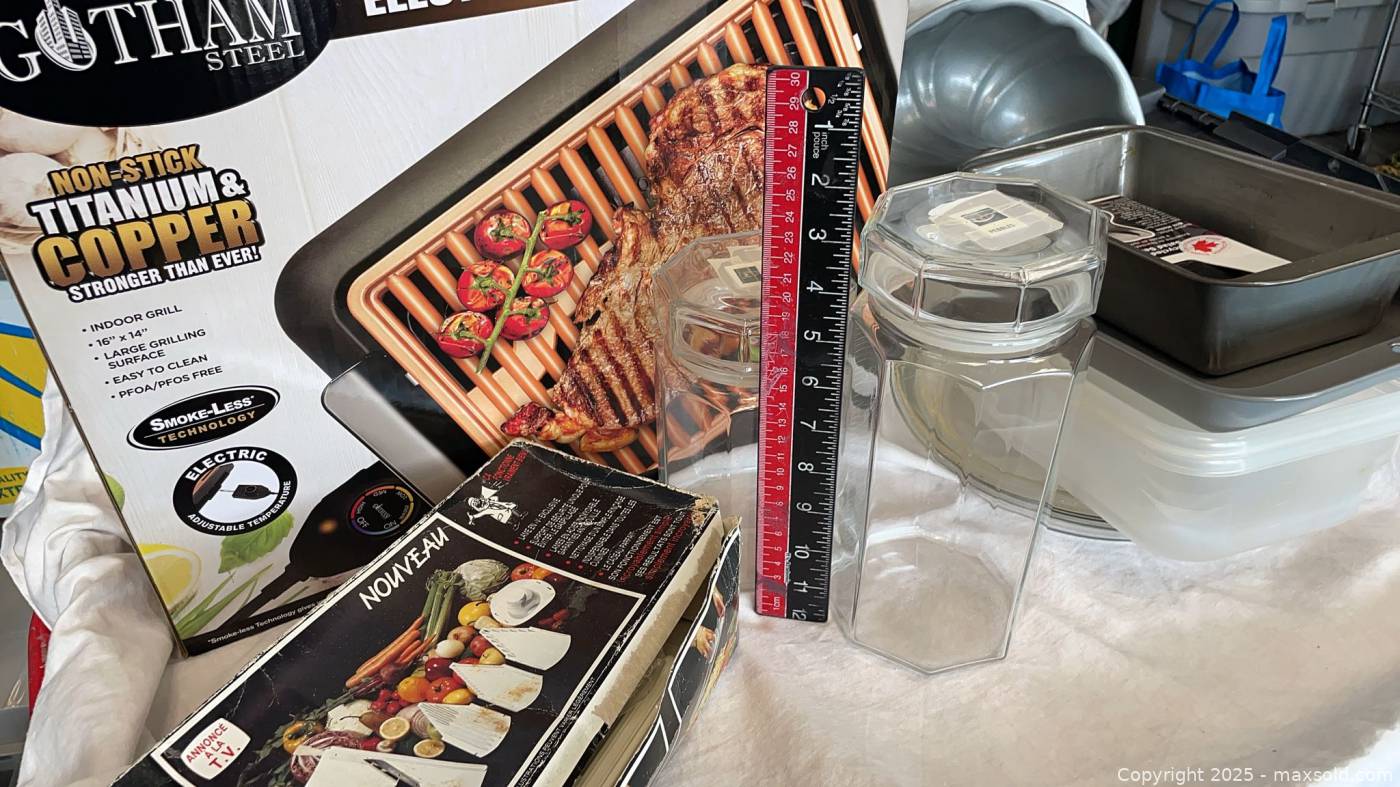 Gotham Steel electric grill, mandoline slicer, bakeware & storage | Maxsold