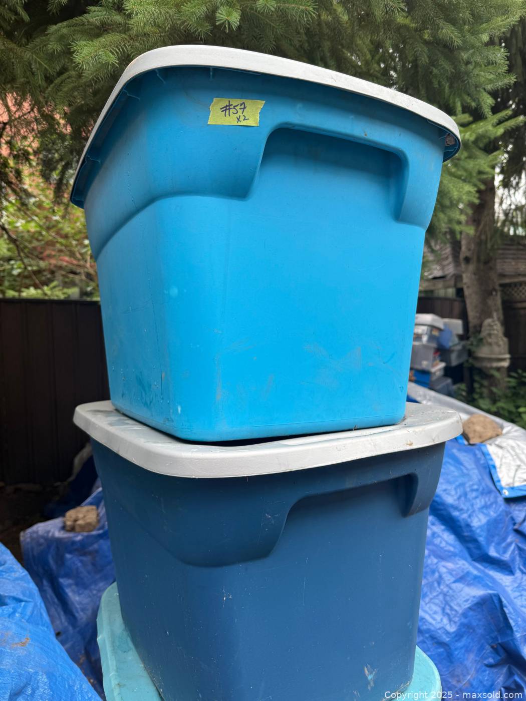 Two blue plastic storage totes with lids | Maxsold