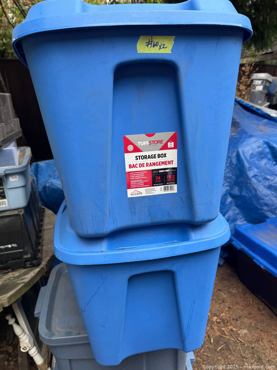 Two 74-L blue storage totes with lids | Maxsold