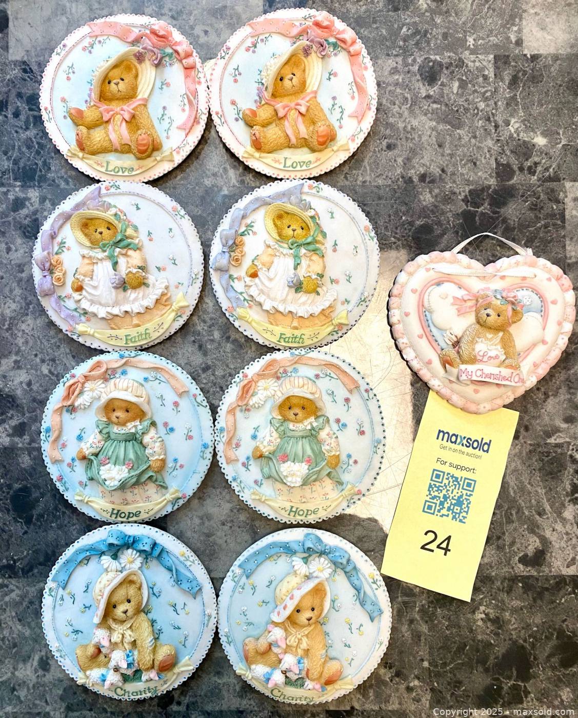 Cherished Teddies round wall plaques and heart ornament, 9 pieces | Maxsold