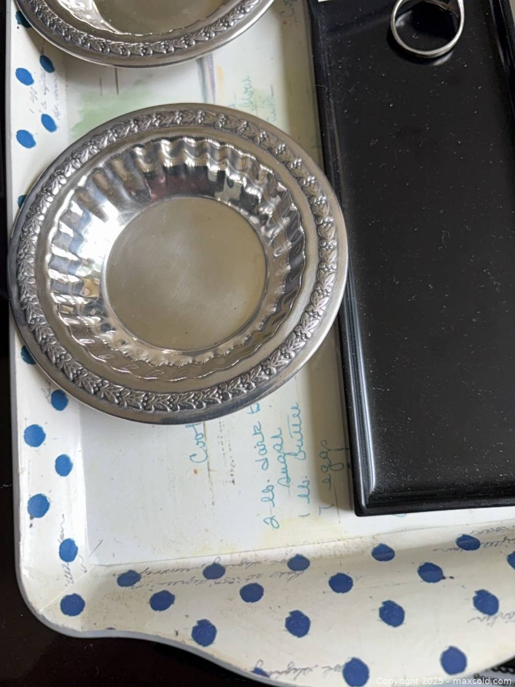 Four 2.5in sterling dishes, silver ring, 15x6.5in polka-dot tray | Maxsold