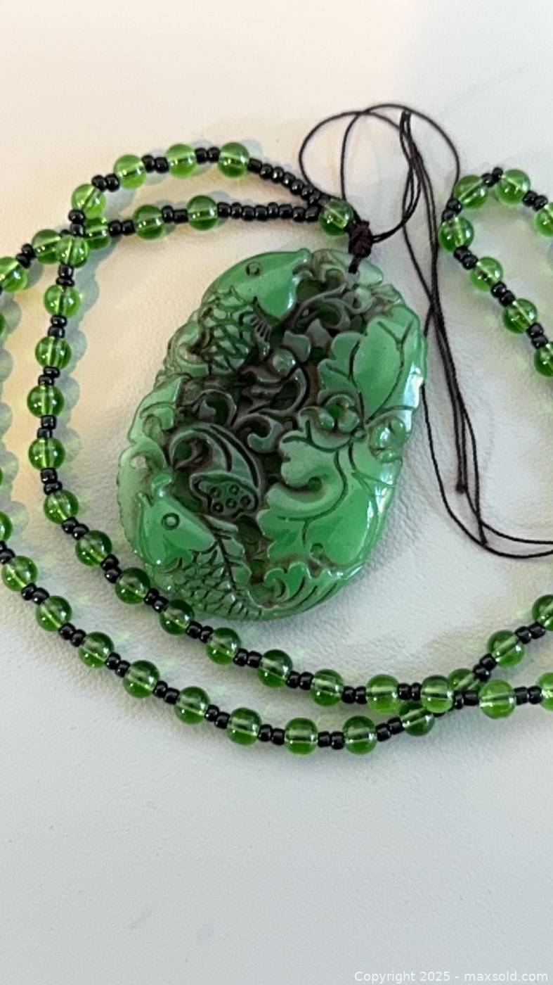 Hand Carved Green Jade Fish Pendant Necklace | Maxsold