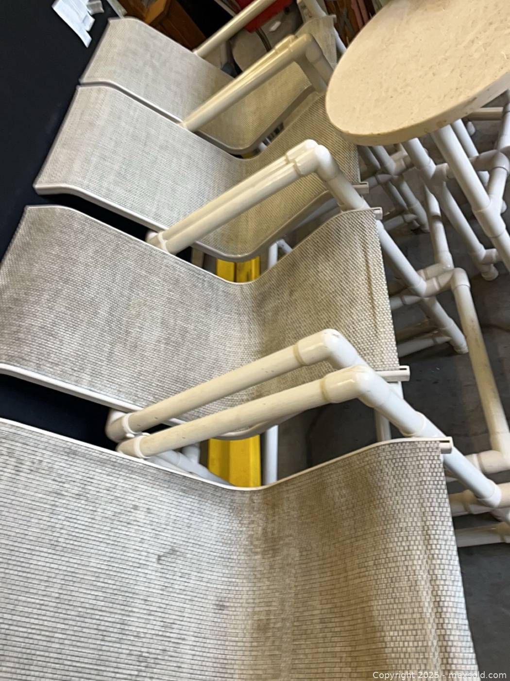 4 outdoor sling chairs with 3 round pvc tables | Maxsold