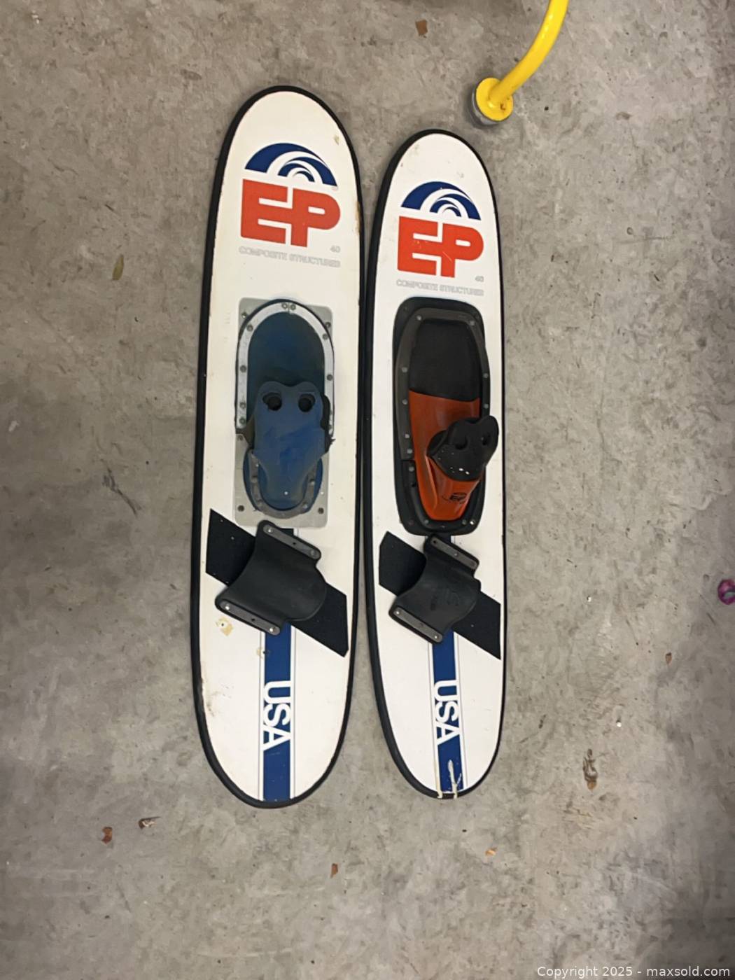 EP water skis, DeWalt work pants, 2 footballs, wooden baseball bat ...