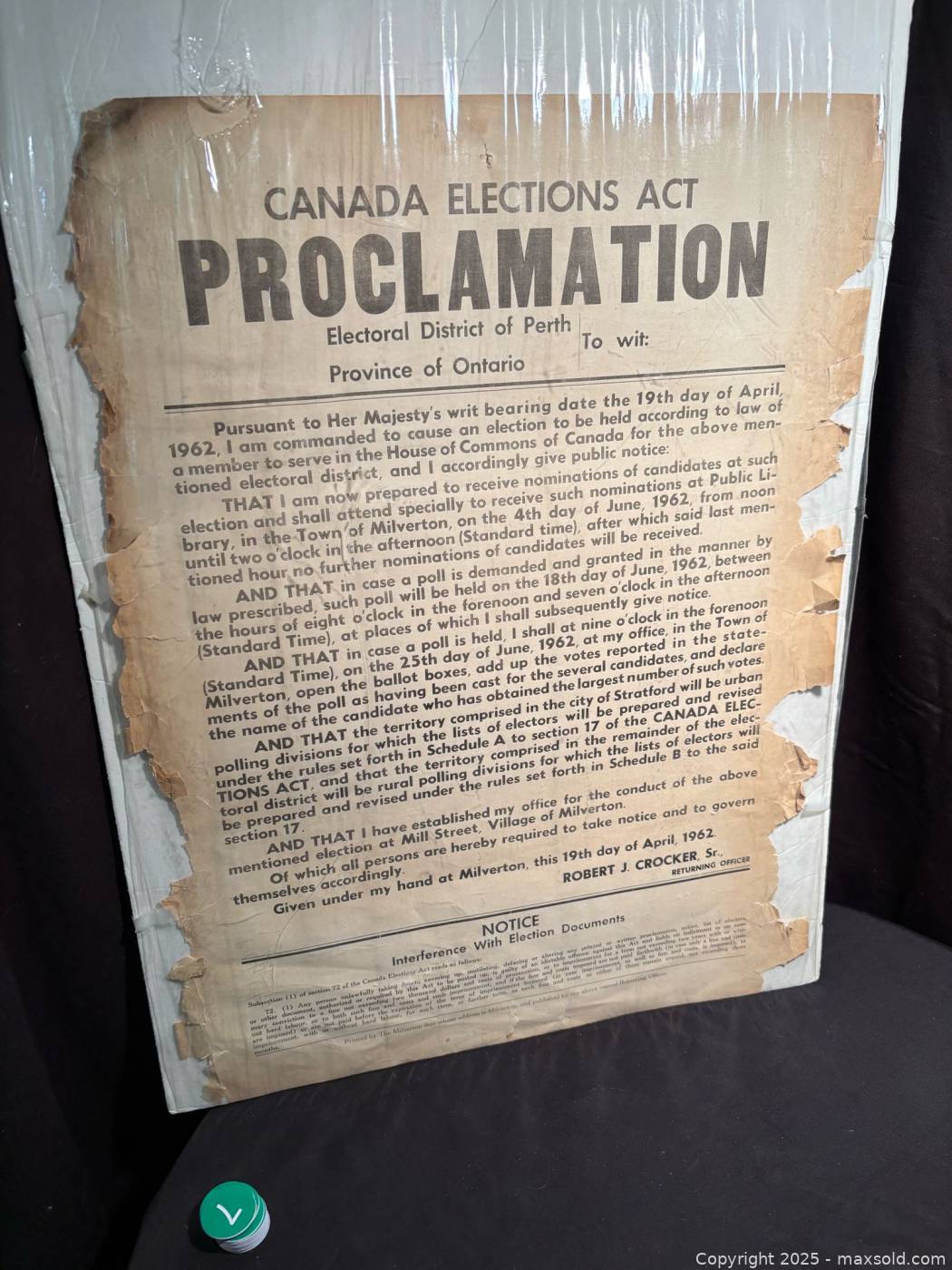 1962 Canada Elections Act Proclamation Poster | Maxsold