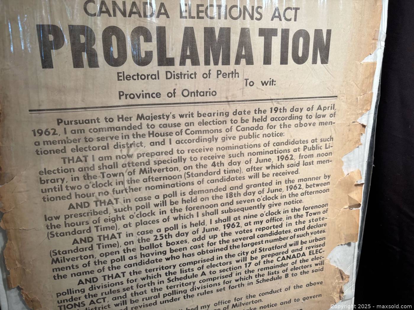 1962 Canada Elections Act Proclamation Poster | Maxsold