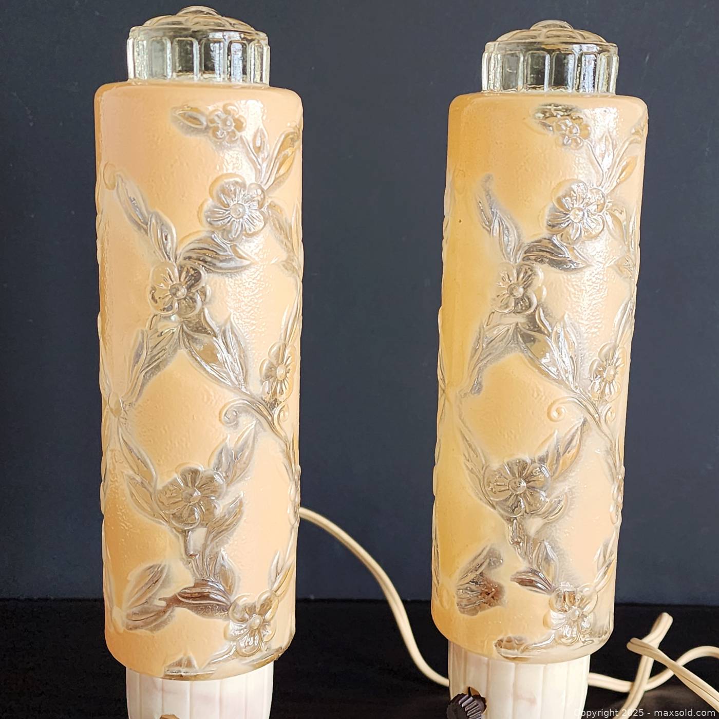 Pair bullet boudoir lamps with floral glass shades | Maxsold