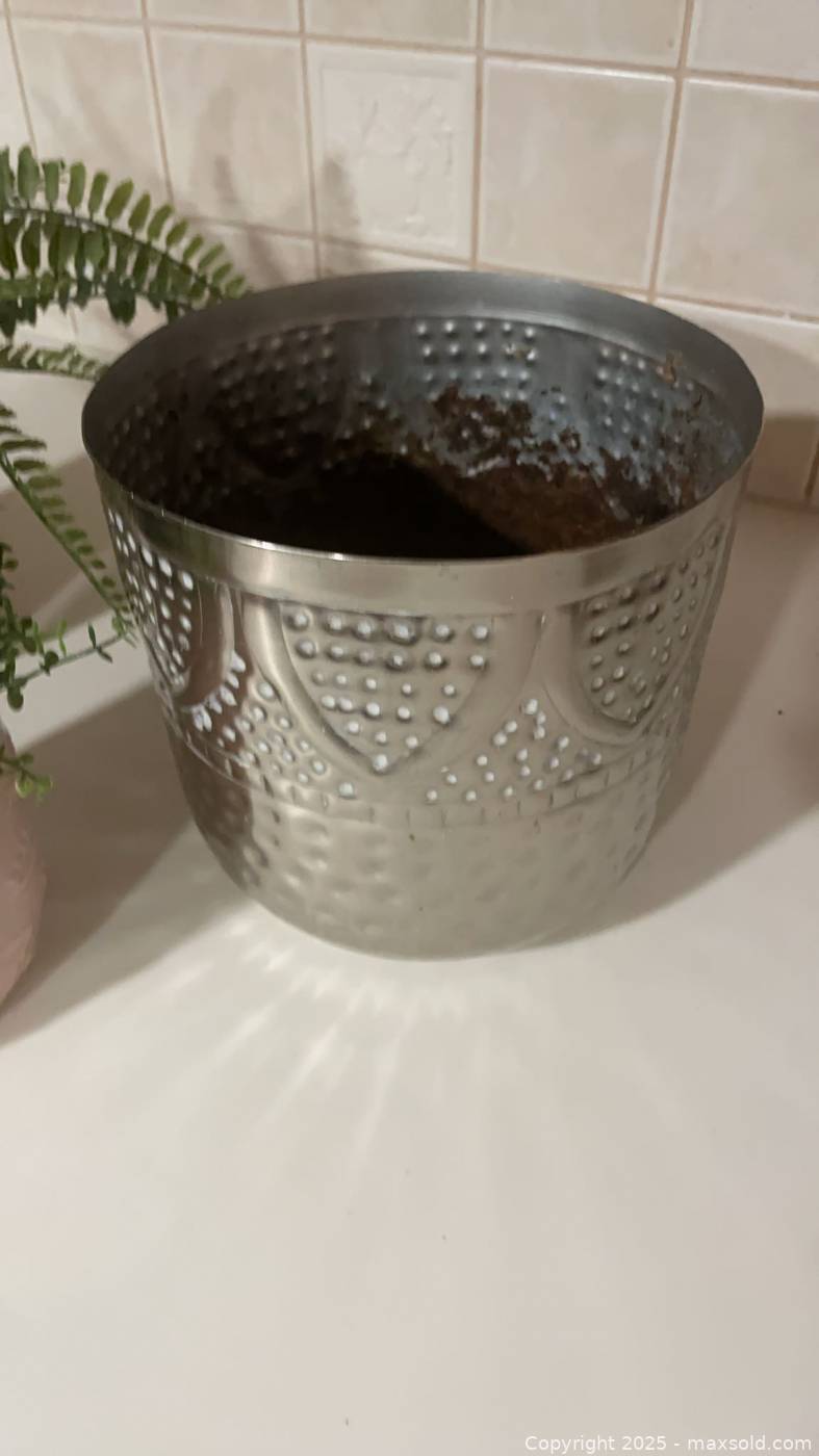 Silver Embossed Planter & 3 Pink Pots w/ Faux Plants | Maxsold