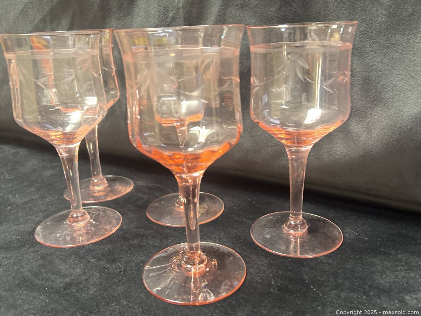 Set of 5 Pink Etched Stemmed Glasses 7 in | Maxsold
