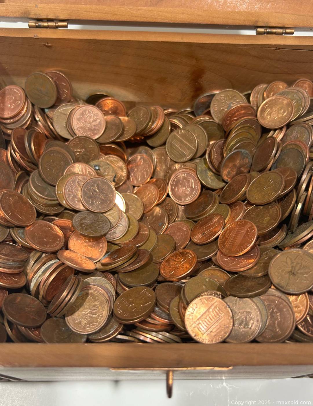 Collection of Canadian and U.S. Pennies with Wooden Chest | Maxsold
