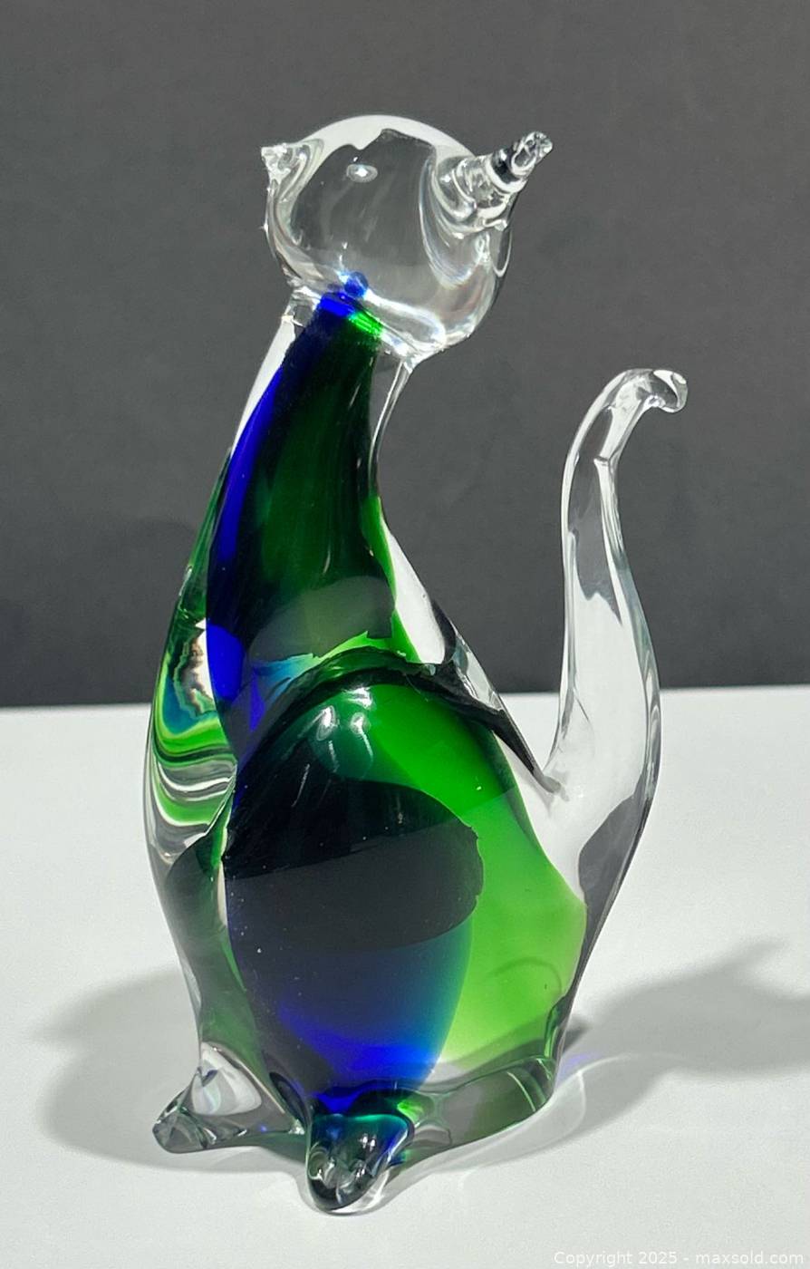 Murano blue green art glass cat figurine | Maxsold
