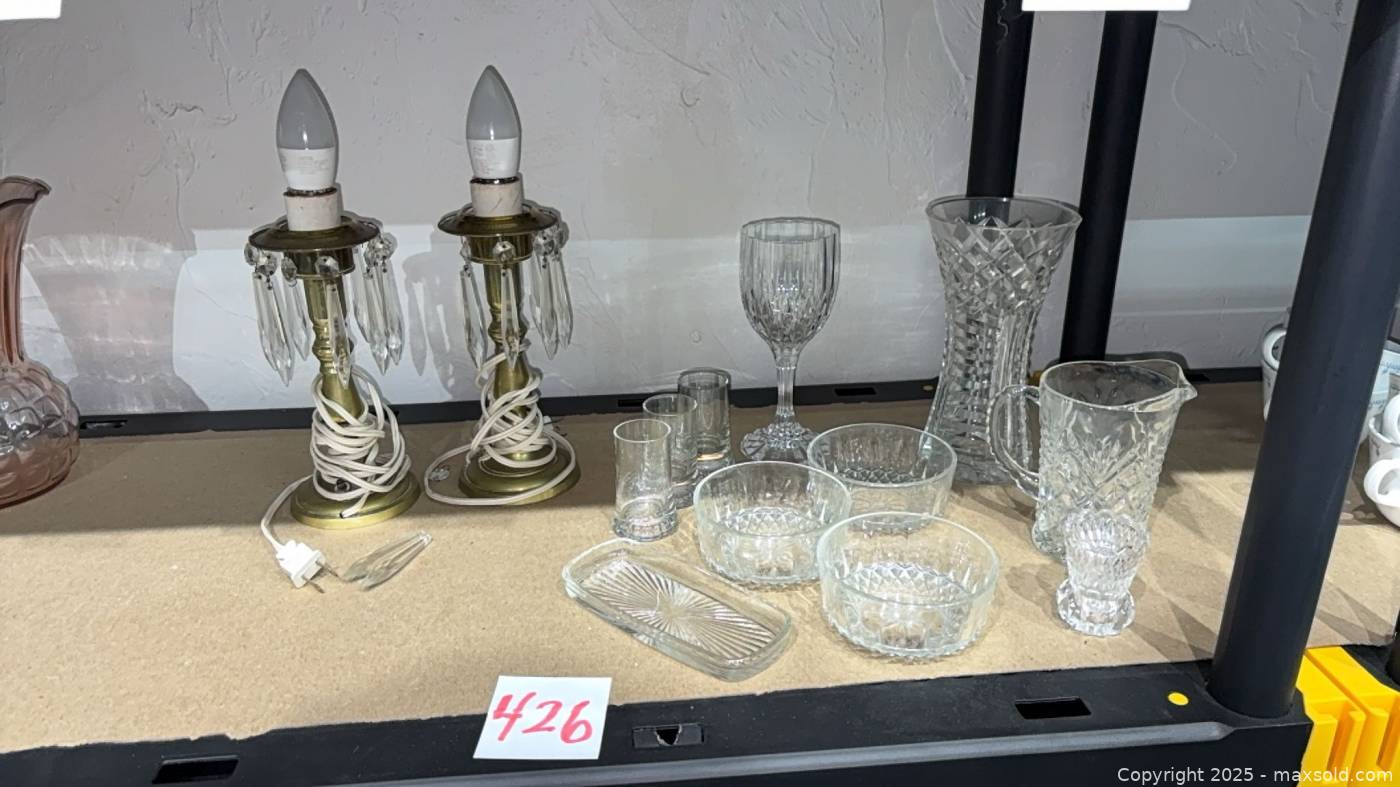 Brass prism candlestick lamps with 12-piece clear pressed glassware ...