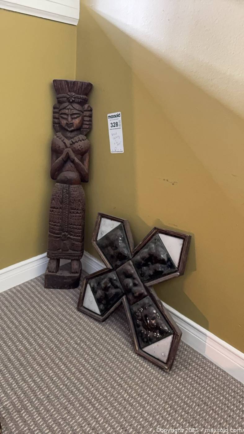 Wood Carved Female Figure & Tile Cross | Maxsold