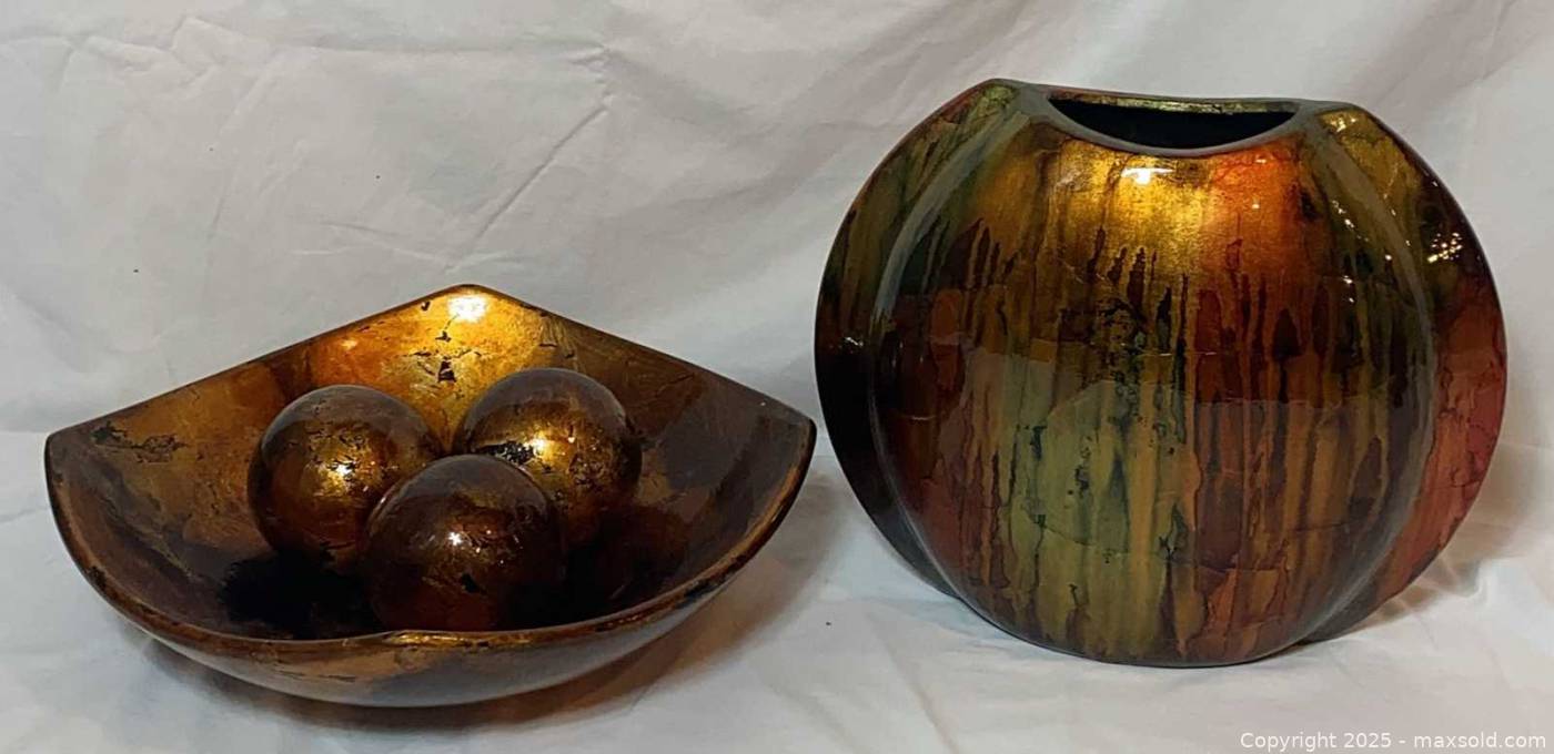Decorative ceramic centerpiece bowl, three orbs and vase, metallic ...
