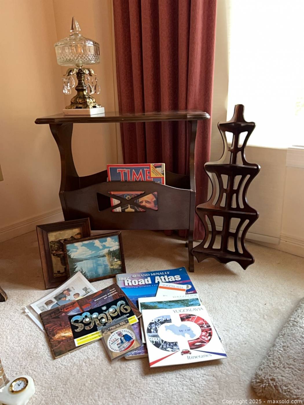 Solid wood magazine table, corner shelf, crystal compote, framed ...
