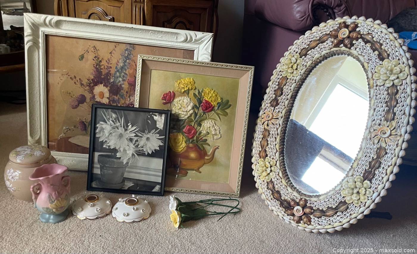 Floral prints, shell oval mirror, Hull Magnolia pottery, ginger jar ...