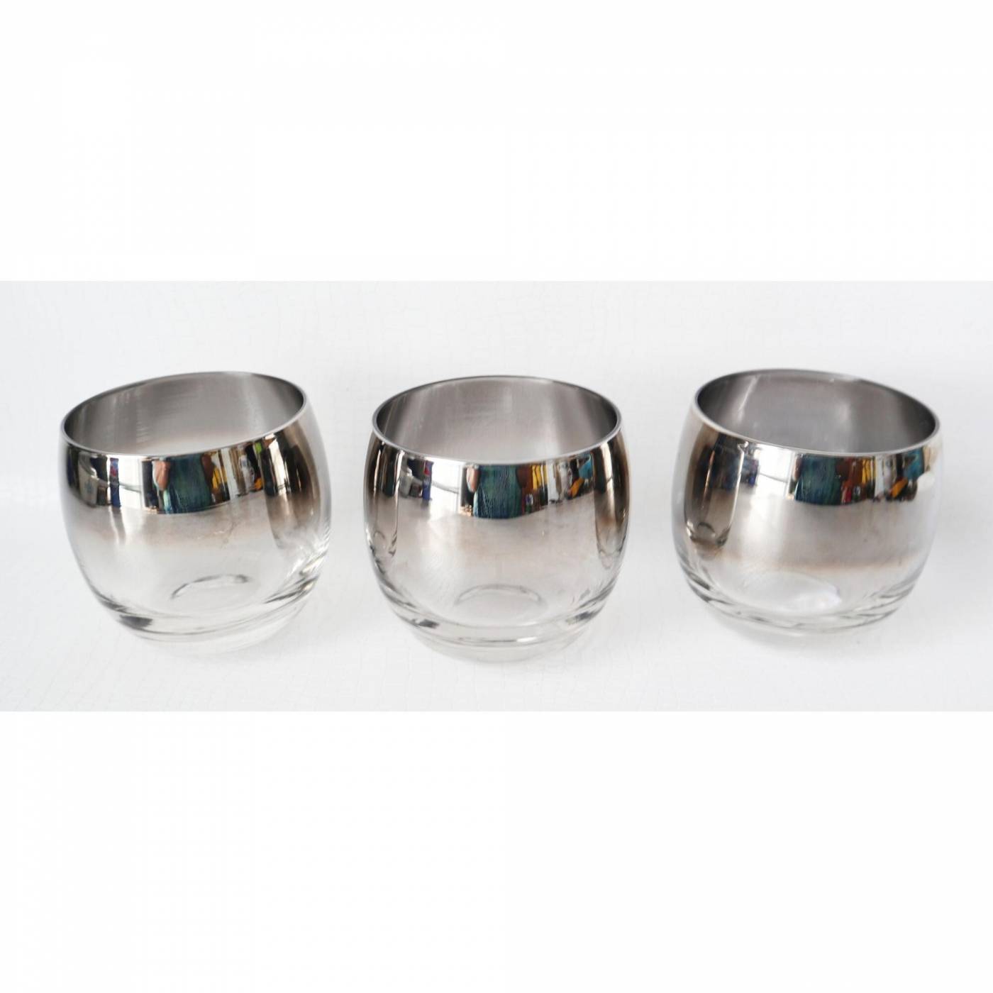 6 silver-rim roly poly glasses with chrome caddy | Maxsold