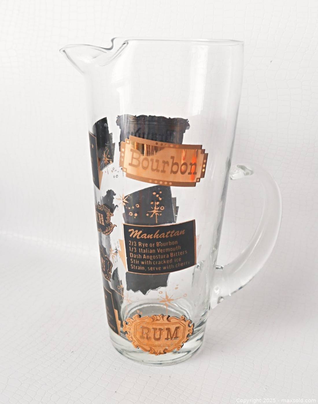 Mid-century recipe pitcher, 6 lowball glasses, 8 novelty base shot ...