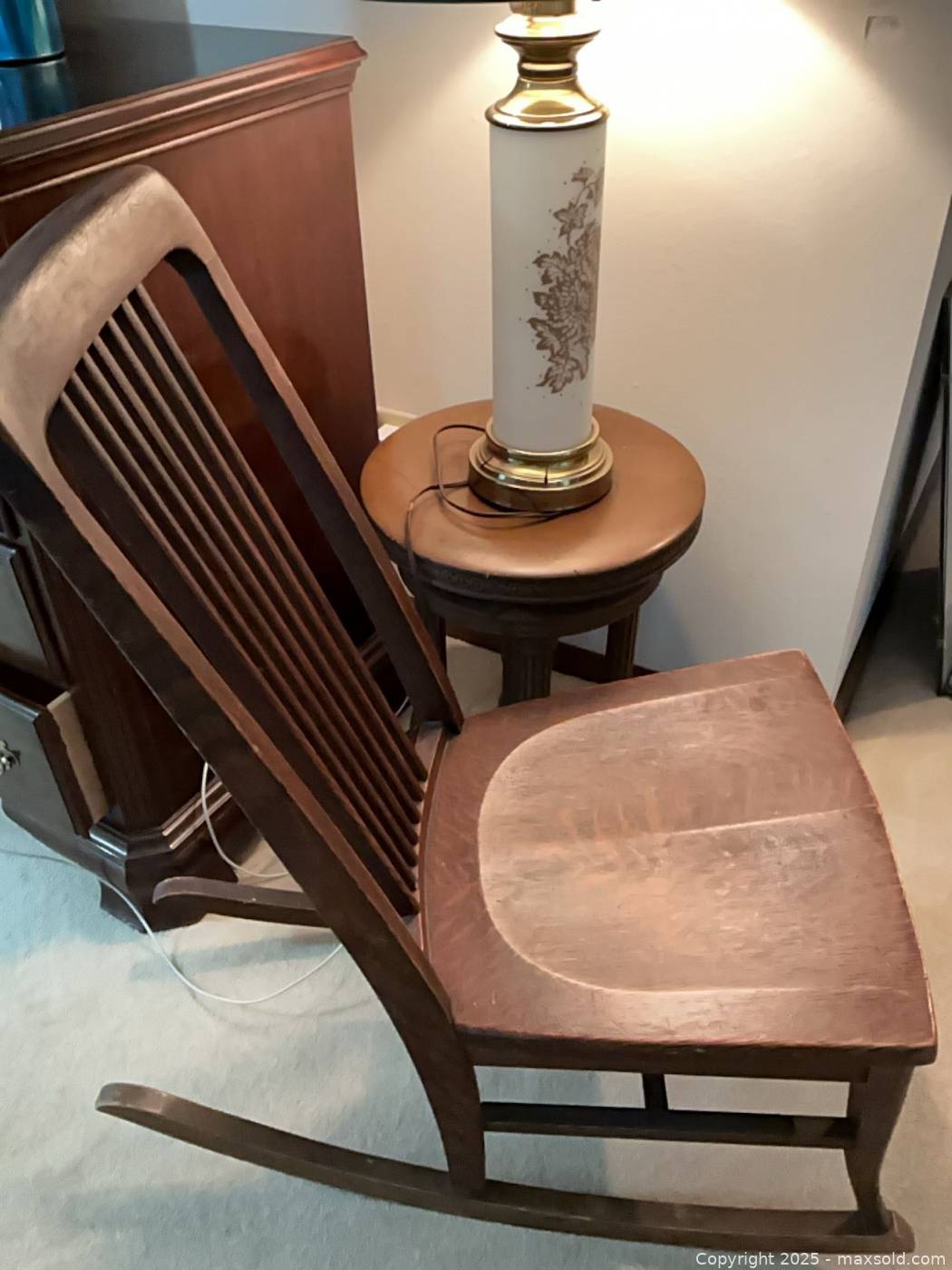 Vintage rocker, round piano stool, tall lamp | Maxsold