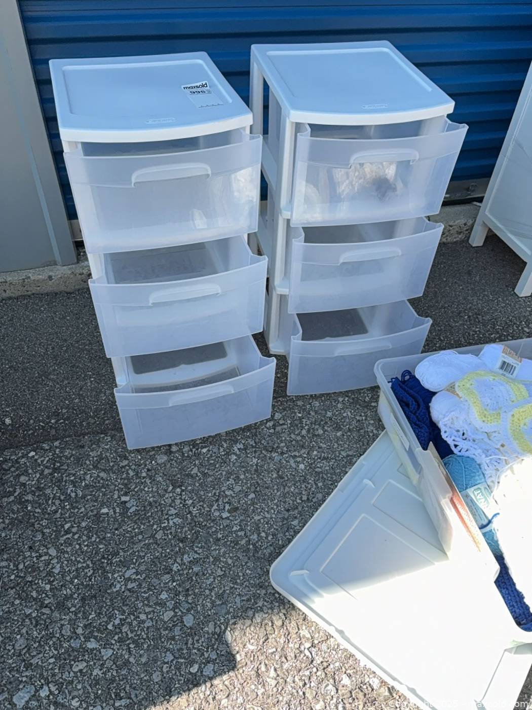 Two 3-drawer plastic storage carts with bin of yarn and craft supplies ...
