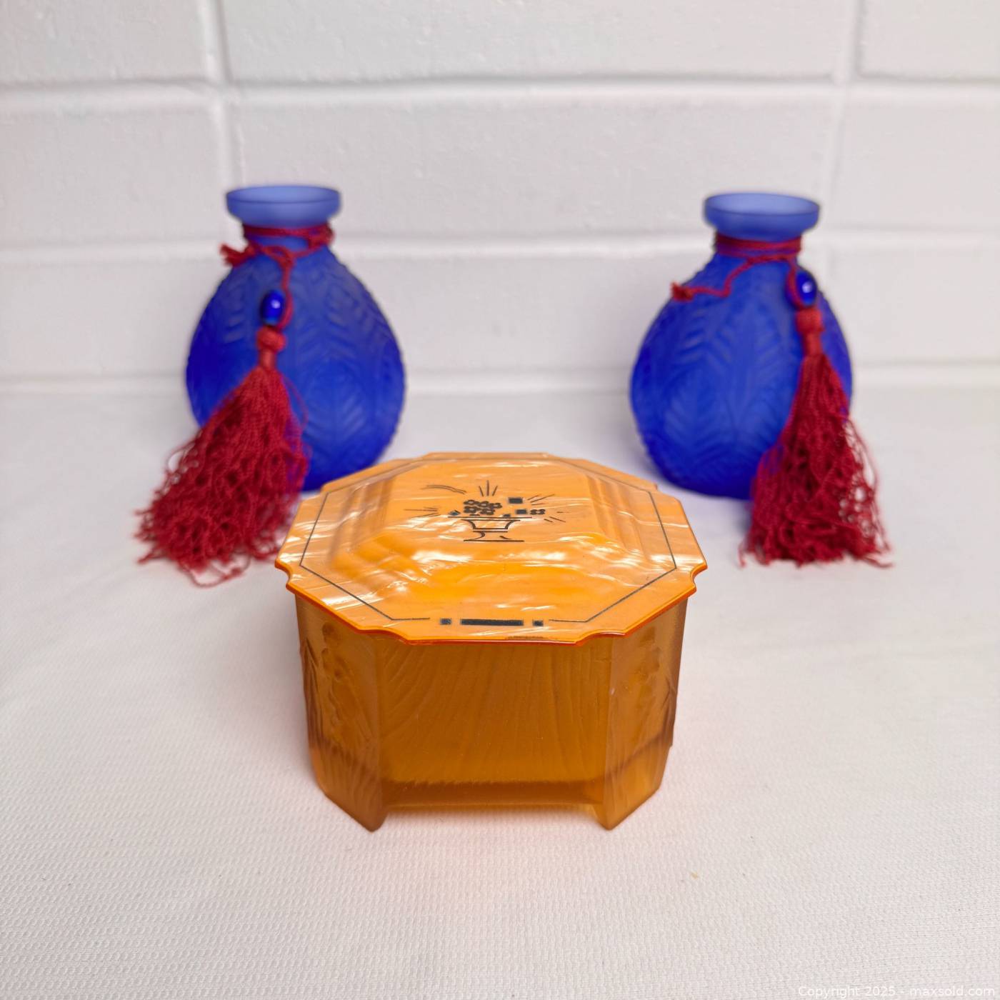 Mouth Blown Blue Glass Vases & Amber Glass Box | Maxsold