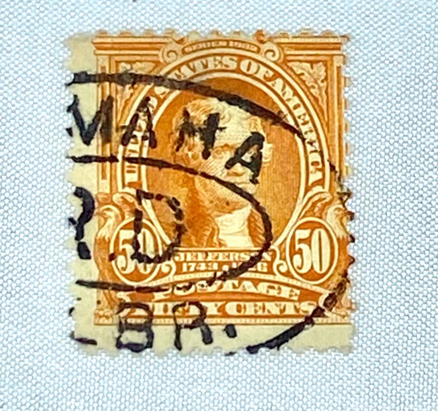 1903 50 Cent Thomas Jefferson orange canceled stamp | Maxsold