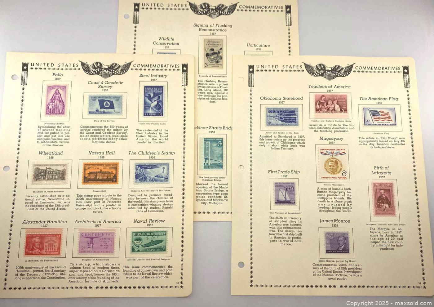 2 United States commemorative stamp album pages 1957-1958 | Maxsold