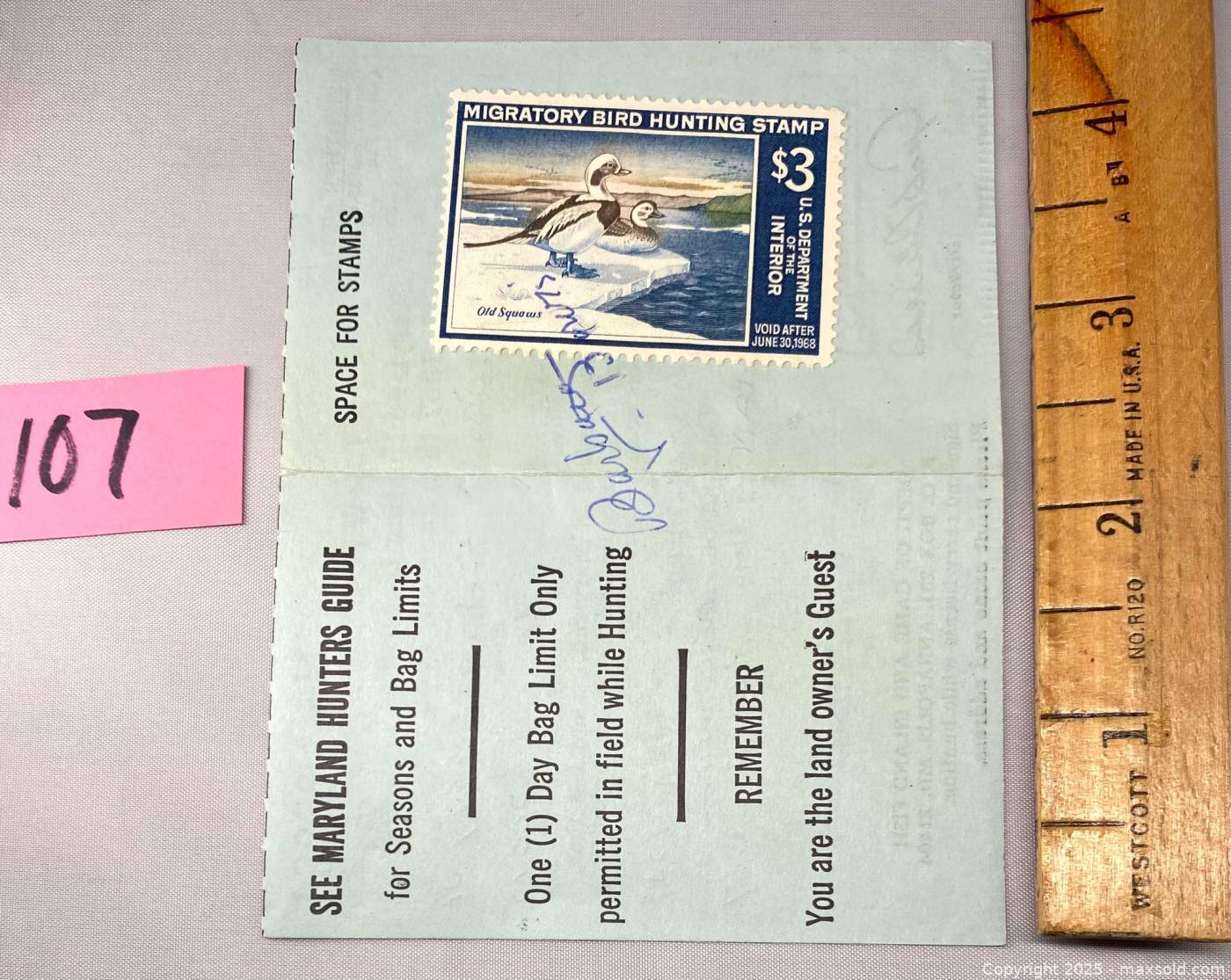 1967 $3 Migratory Bird Stamp on Maryland License | Maxsold