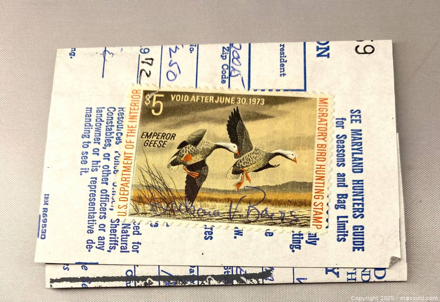 1972 $5 Emperor Geese Federal Duck Stamp on Maryland Hunting License ...