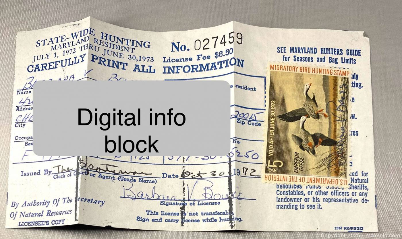 1972 $5 Emperor Geese Federal Duck Stamp on Maryland Hunting License ...
