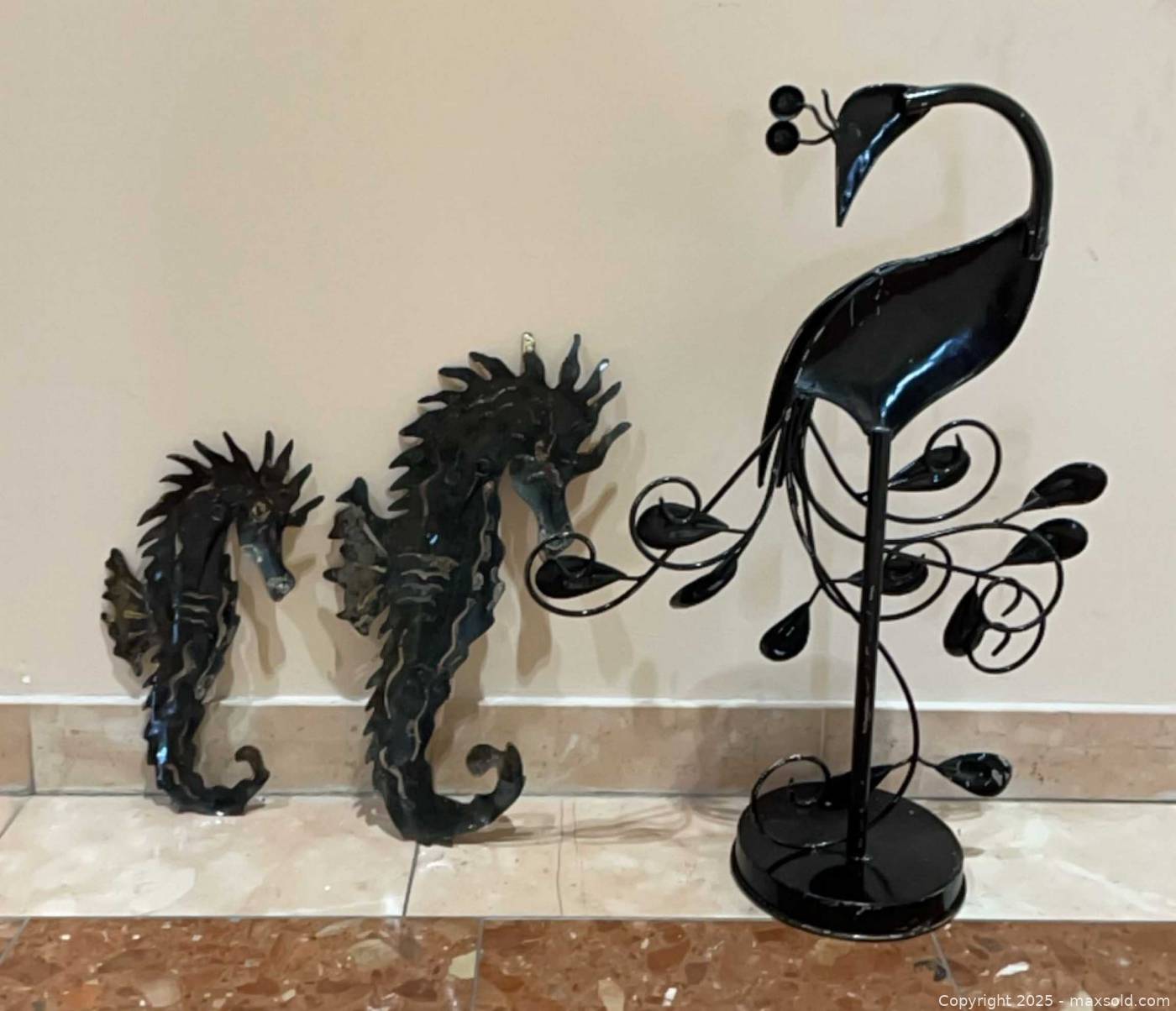 Enameled Mixed Metal Peacock Sculpture And Pair Seahorse Wall Plaques ...