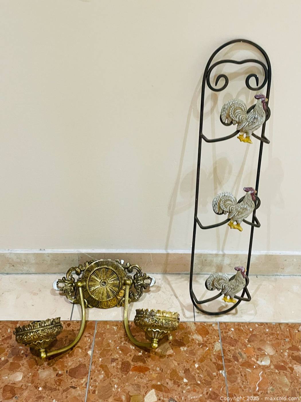 Vintage cast iron rooster plate rack and brass two-arm wall sconce ...