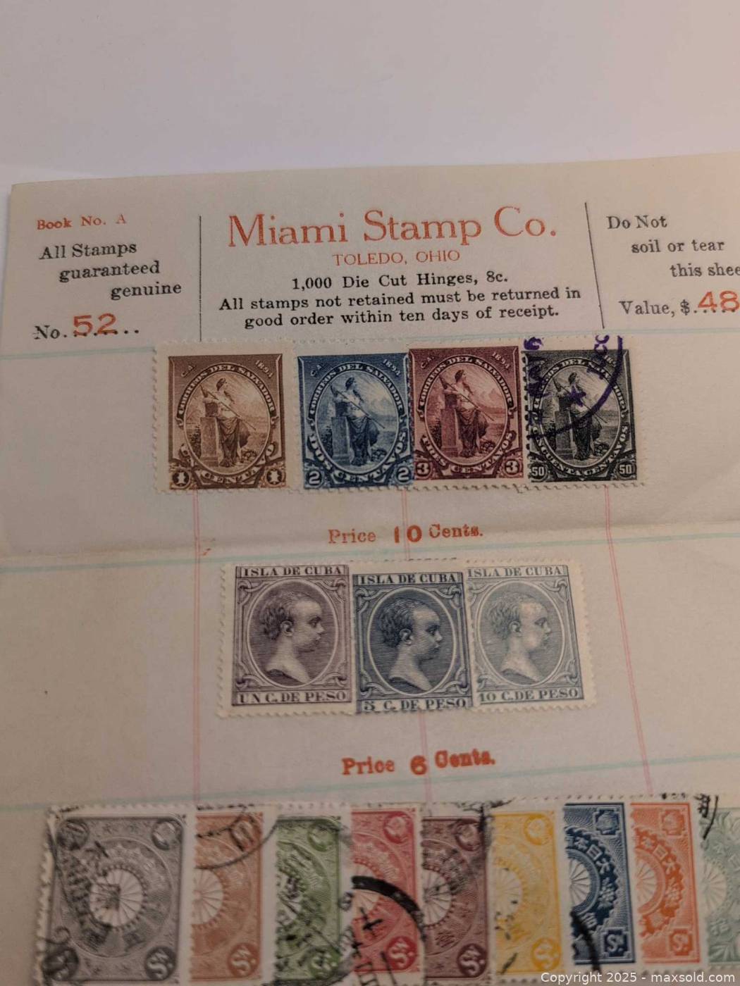 Miami Stamp Co. approval sheet with ~27 vintage stamps | Maxsold