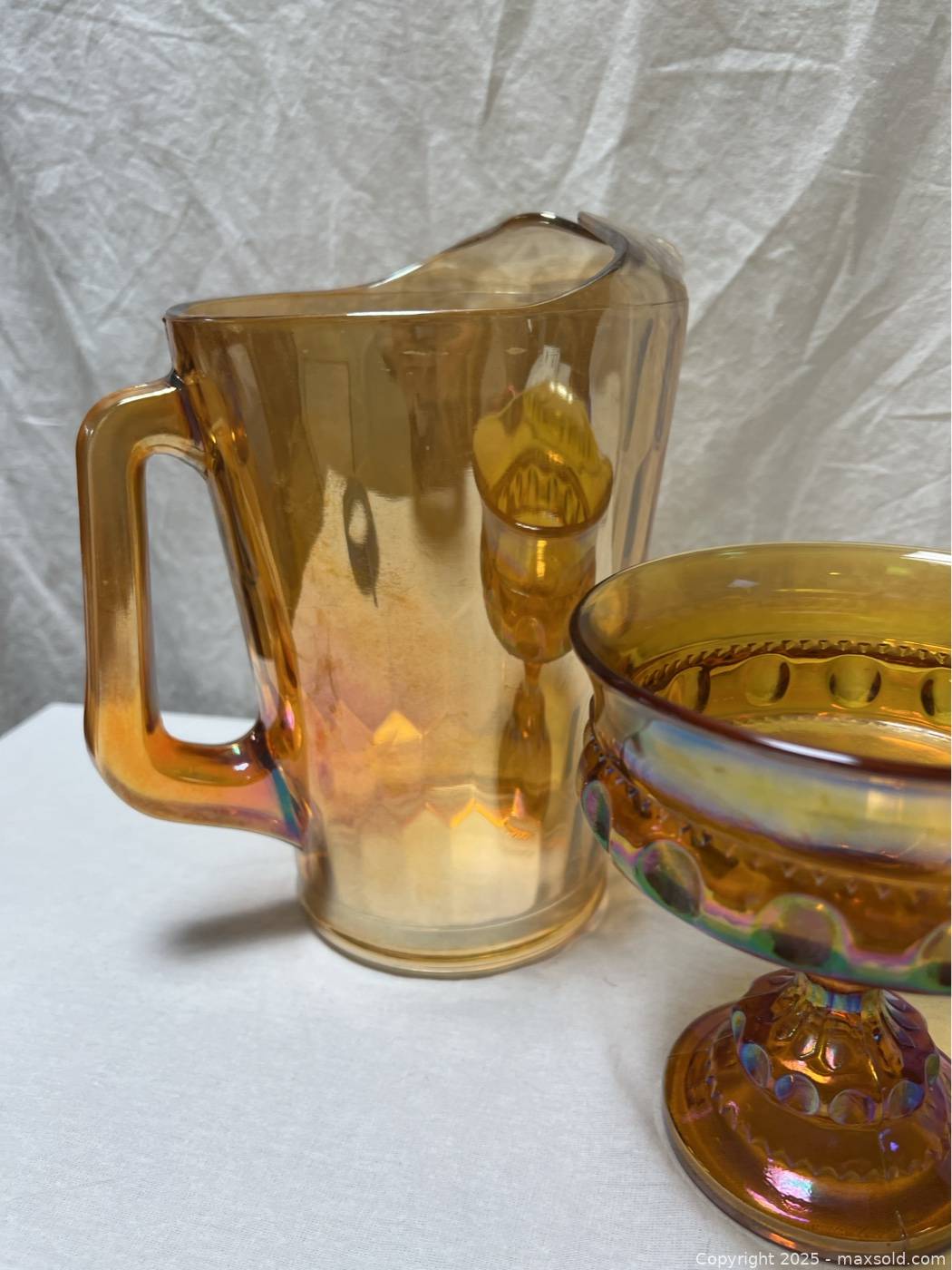Indiana Glass Amber Carnival Glass Pitcher and Footed Compote | Maxsold