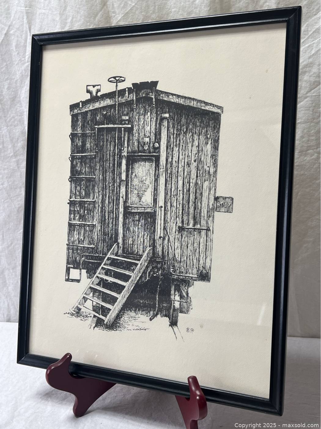 Vintage Ink Drawing Of Train Caboose | Maxsold