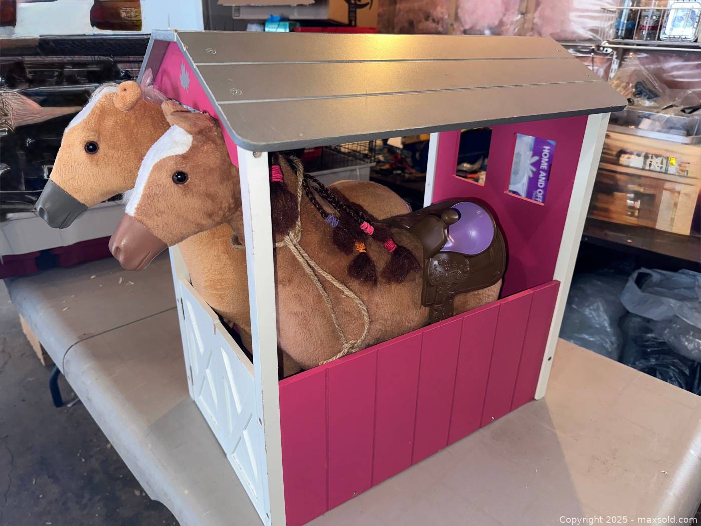 American Doll pink horse stable with two horses | Maxsold