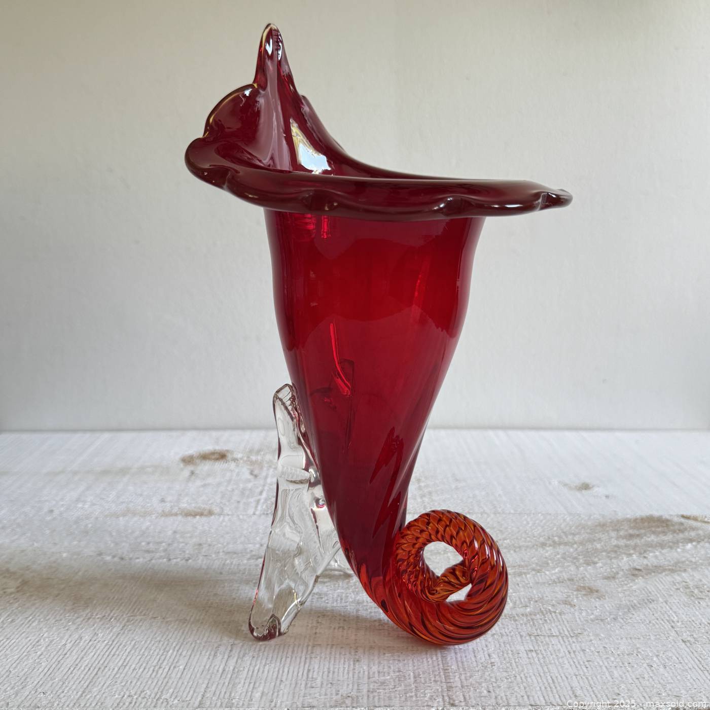 Vintage red & clear glass cornucopia vase | Maxsold