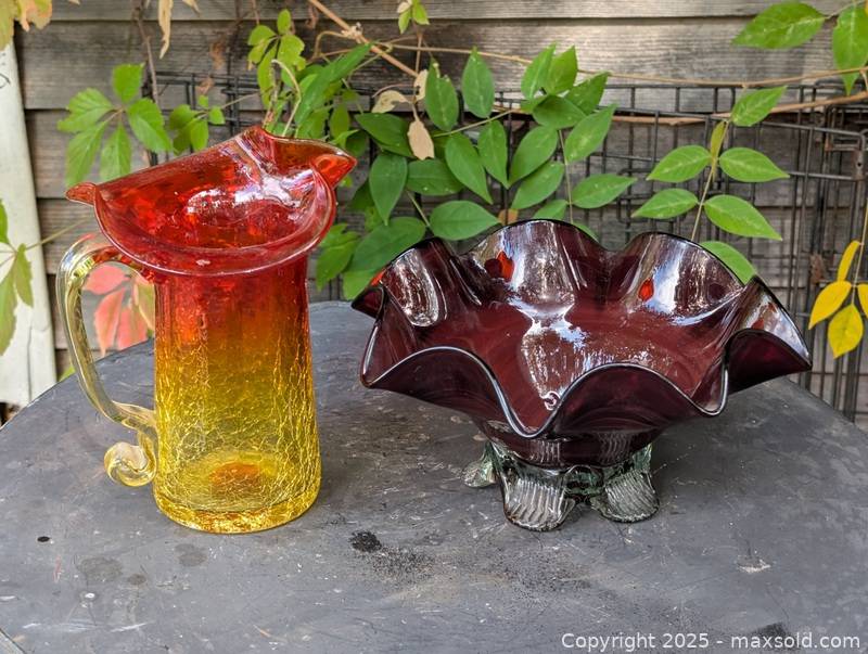 1950s colored glass pitcher & fluted dish | Maxsold
