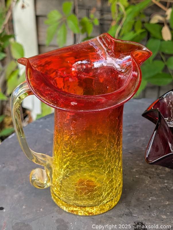 1950s colored glass pitcher & fluted dish | Maxsold