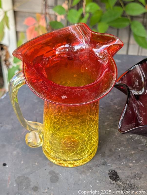 1950s colored glass pitcher & fluted dish | Maxsold