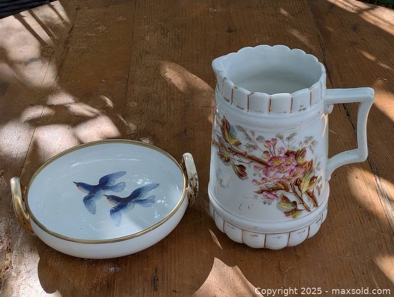 Antique bluebird handled dish and floral milk pitcher | Maxsold