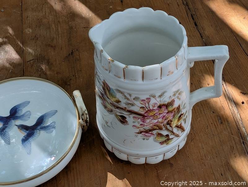 Antique bluebird handled dish and floral milk pitcher | Maxsold