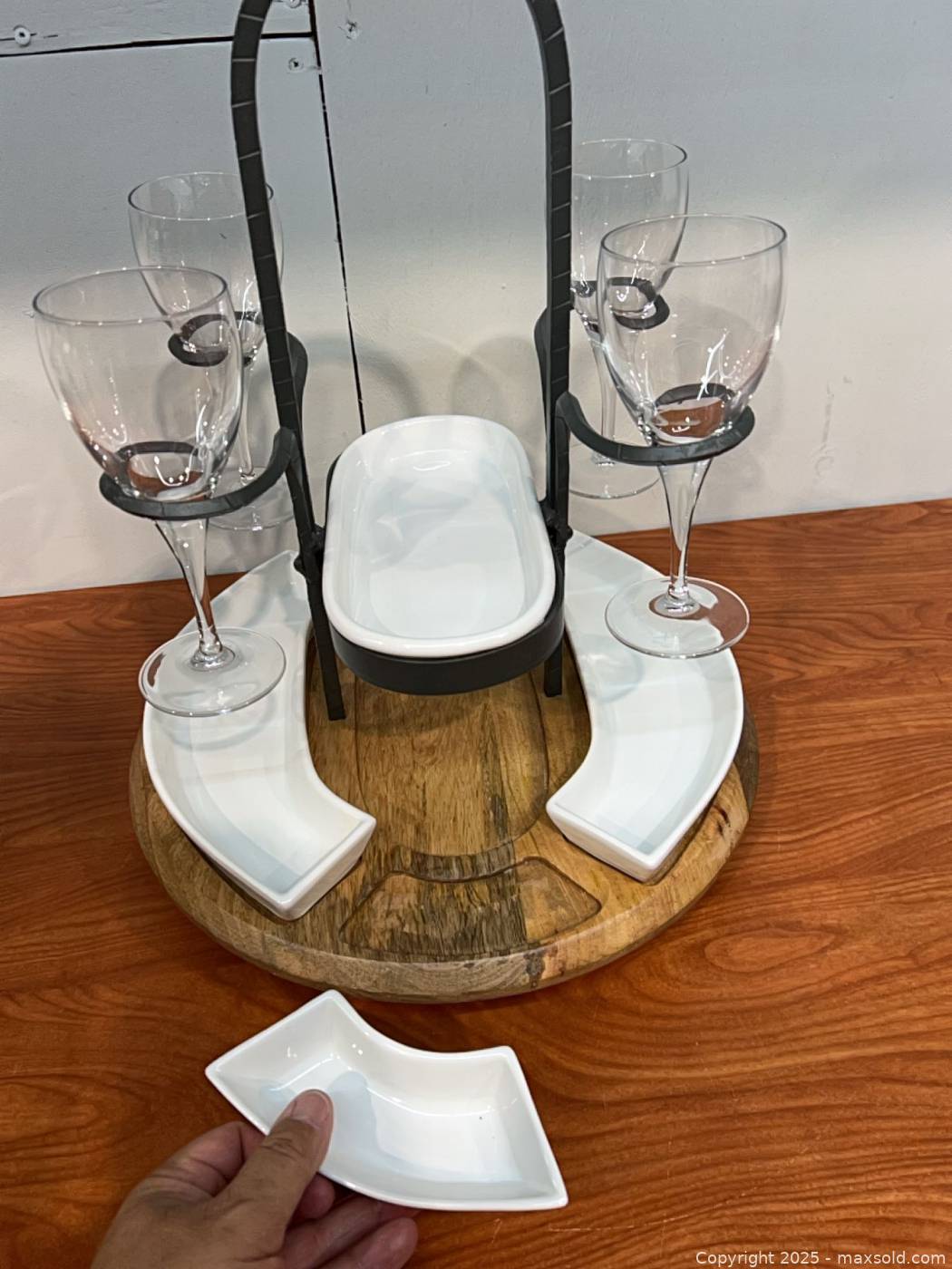 Wine and cheese serving rack with glasses and trays | Maxsold