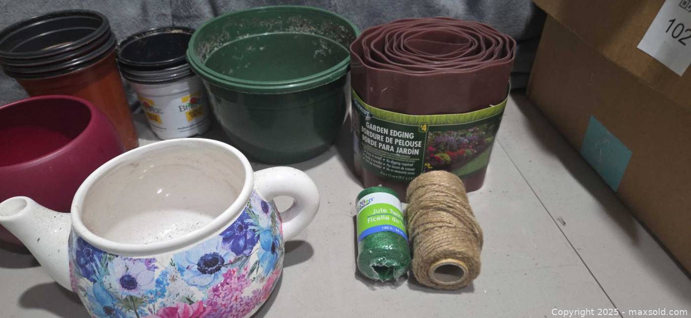 Assorted plant pots, edging and twine | Maxsold